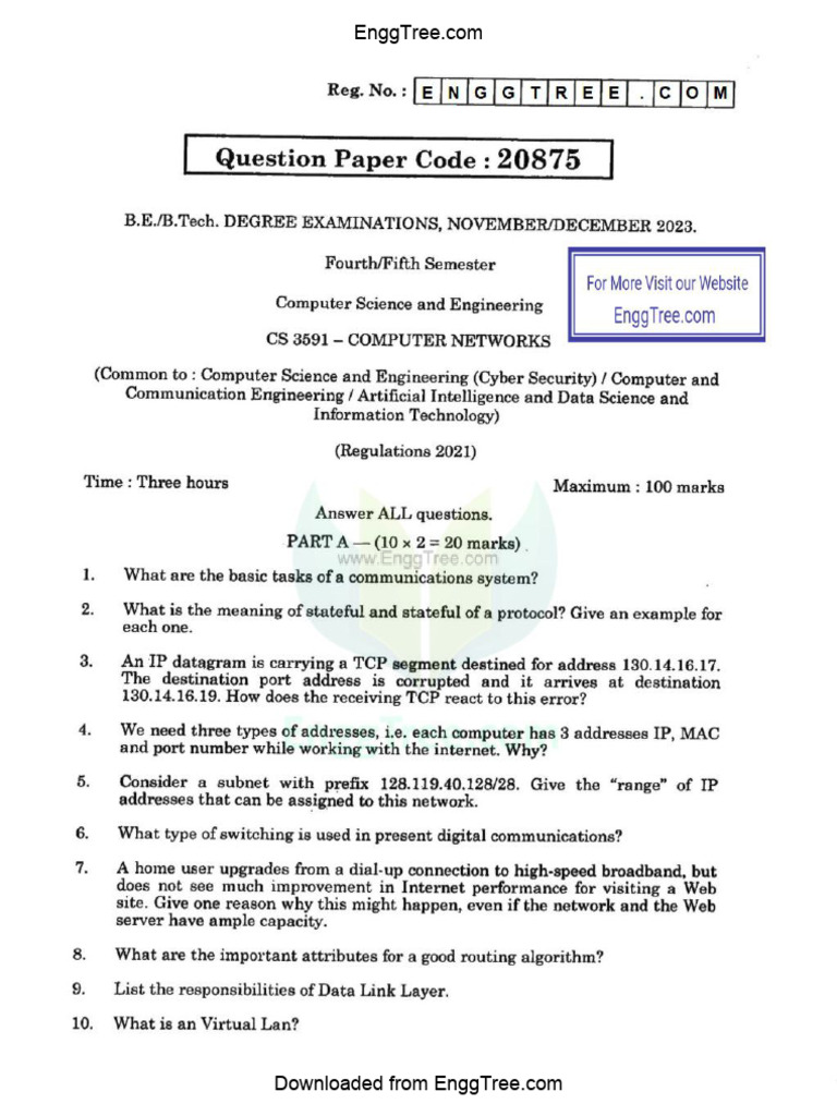 CS3591 Computer Networks Nov Dec 2023 Question Paper Download | PDF