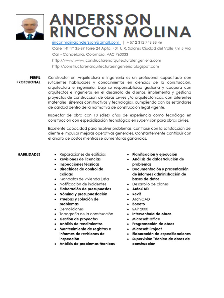 Curriculum Vitae Andersson Rincon Español 2022 v.2.0 (1) - 1 | PDF | Ingeniería | Arquitecto