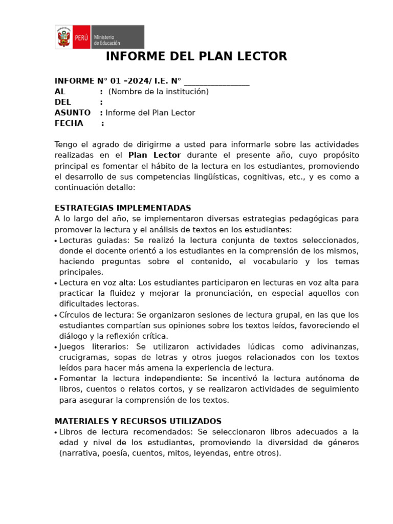 Informe Del Plan Lector | PDF | Comprensión lectora | Ciencia cognitiva