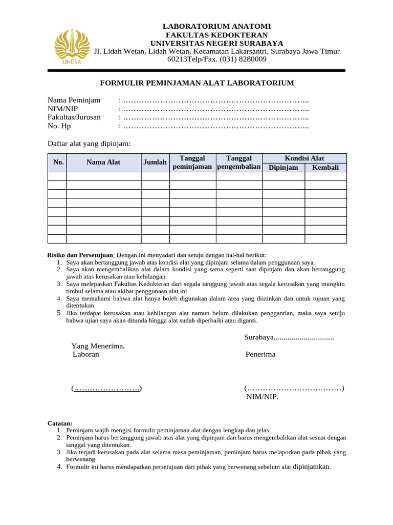 Formulir Peminjaman Alat Laboratorium | PDF