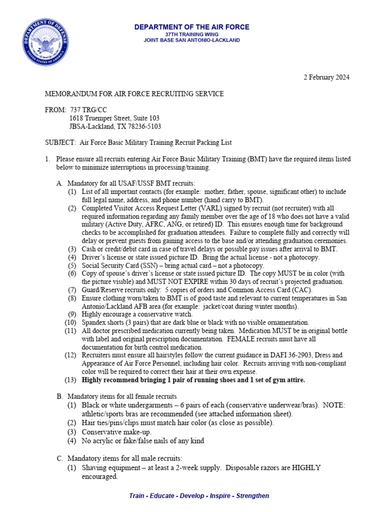 AirForce BasicMilitaryTrainingRecruitPackingList - Feb2024 | PDF | Bra