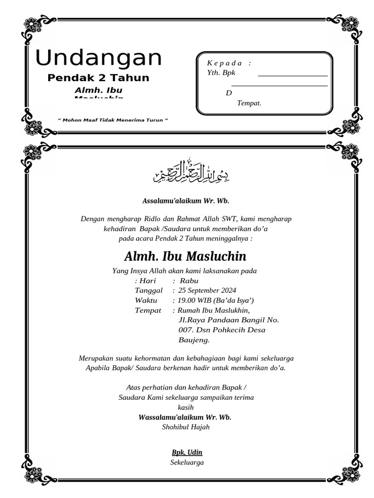 Undangan Tahlil 2thn Mbah | PDF