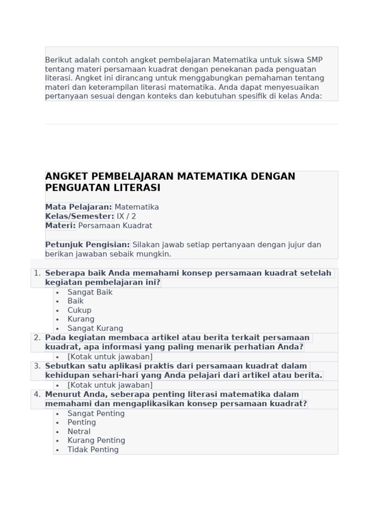 Berikut Adalah Contoh Angket Pembelajaran MatematikaANGKET Untuk Siswa ...