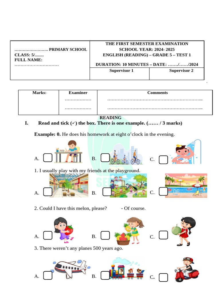 Grade 5 English Reading Exam 2024 | PDF