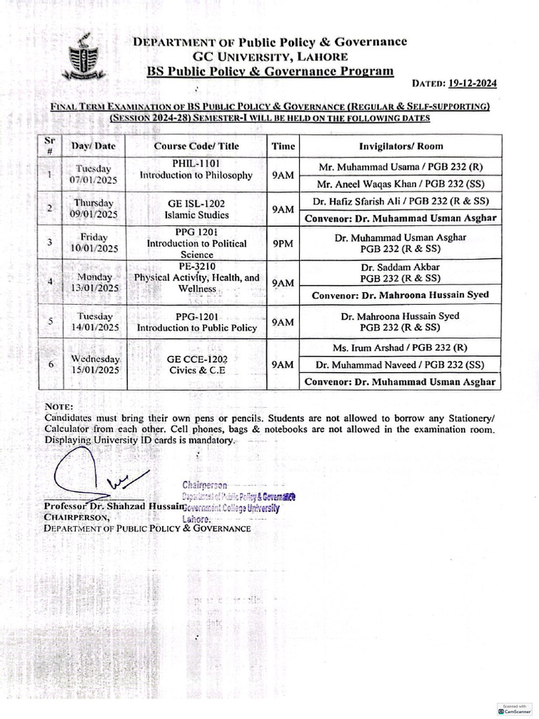 Final Exam Date Sheet - Fall 24 - BS Pub | PDF