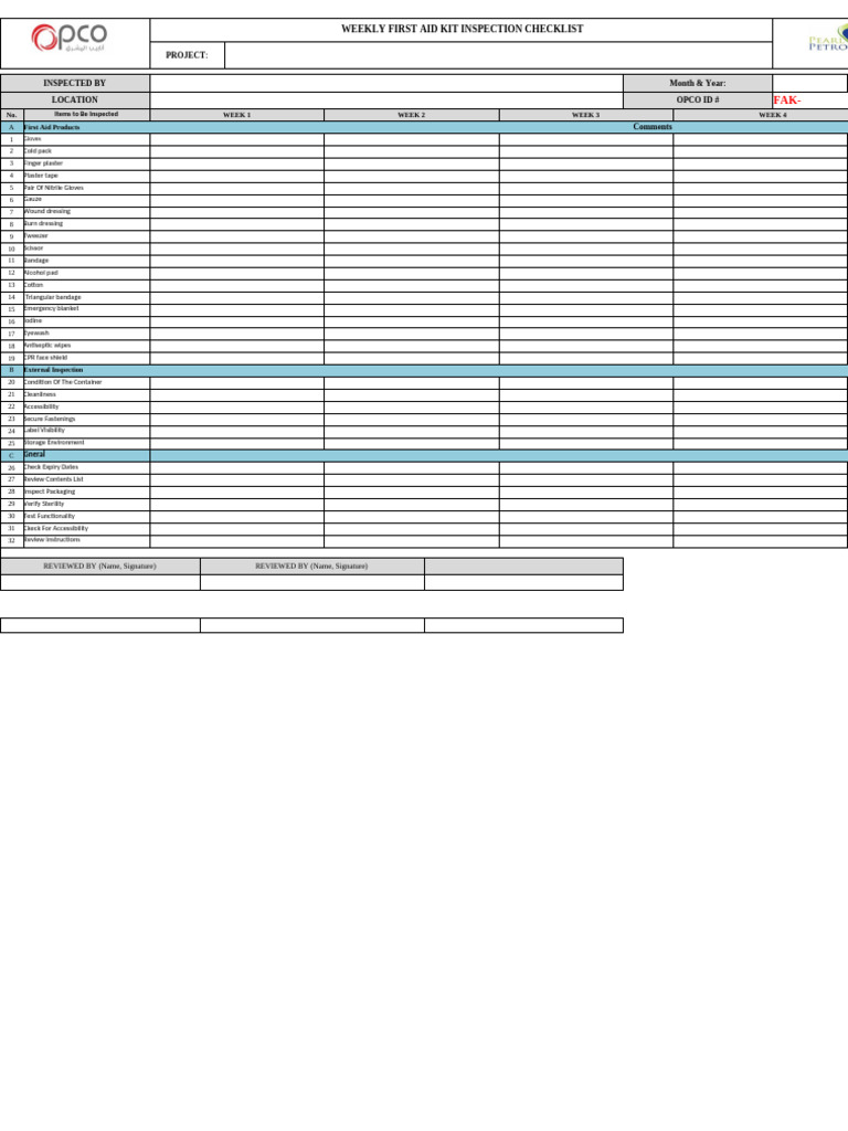 OPCO EBL 230 HSE GN CHL 002 Weekly FAK Safety Inspection Checklist | PDF