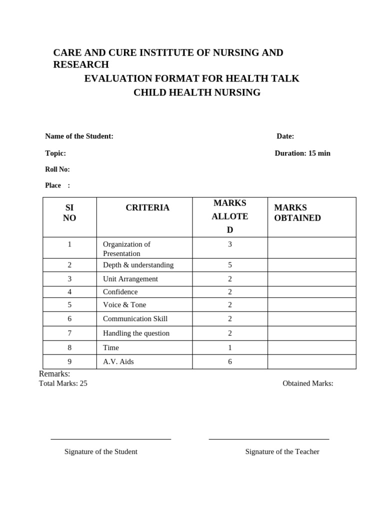 Evaluation Sheet For Health Talk CHN | PDF