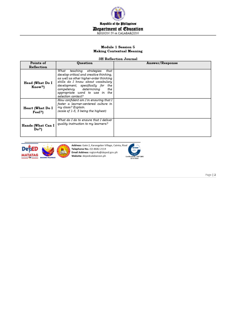 3H Reflection Template - Module 1 Session 5 | PDF