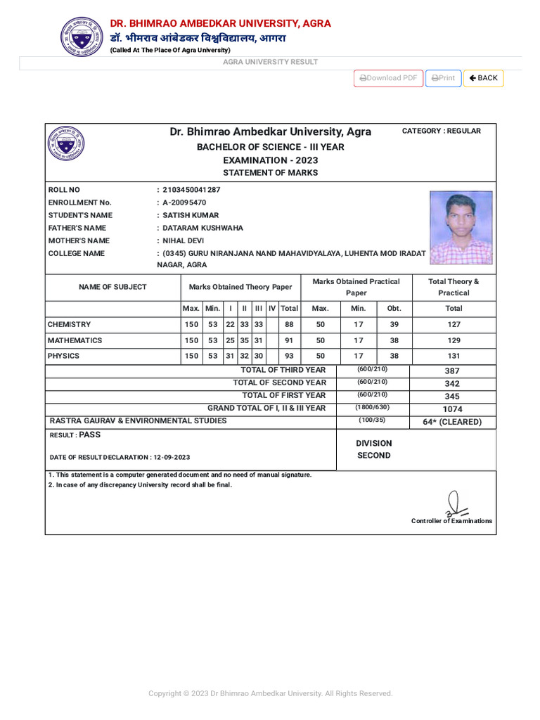 Result- Dr. Bhimrao Ambedkar University, Agra | PDF