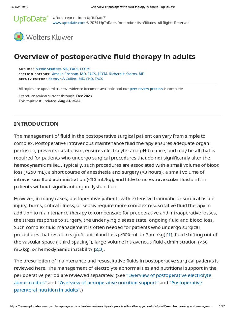 Overview of Postoperative Fluid Therapy in Adults - UpToDate | PDF ...