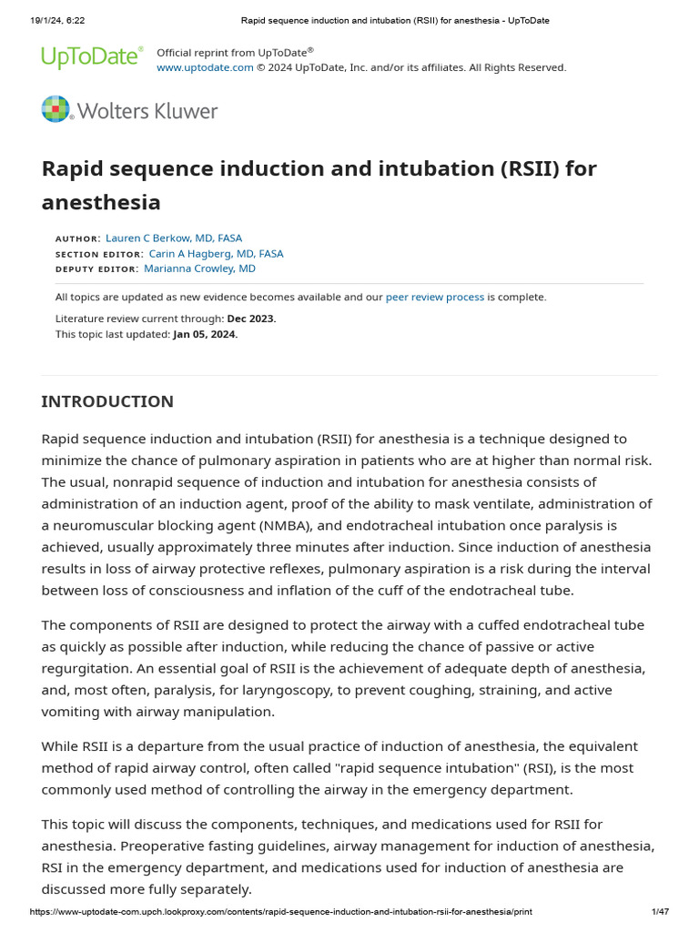Rapid Sequence Induction and Intubation (RSII) For Anesthesia - UpToDate | PDF ...