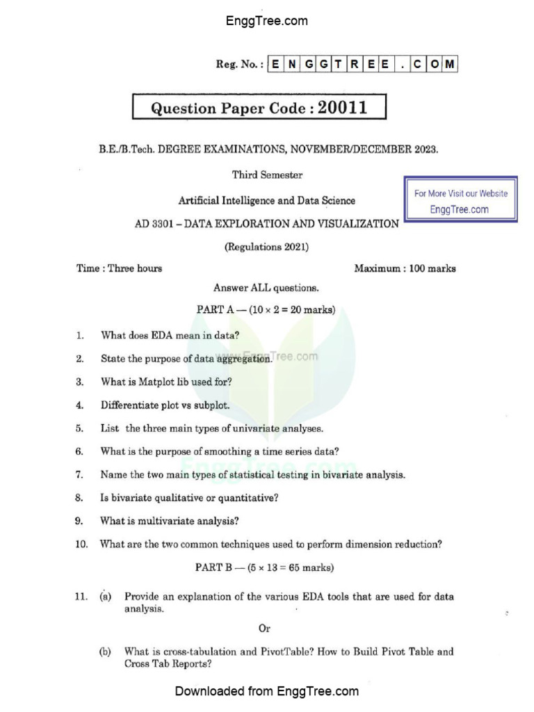 AD3301 Data Exploration and Visualization Nov Dec 2023 Question Paper Download | PDF