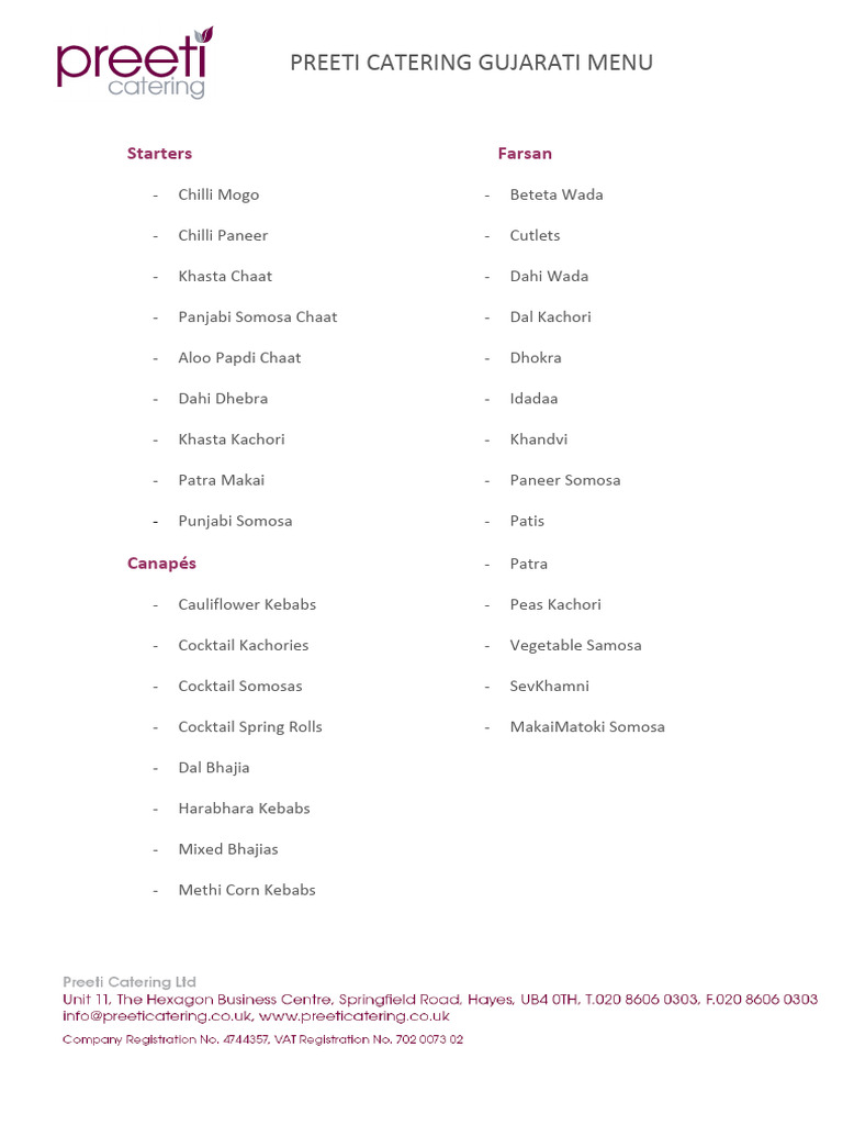 Preeti Catering Gujarati Menu1 | PDF | Indian Cuisine | Cooking