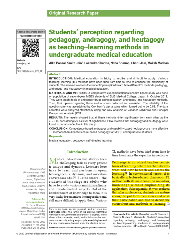 323 - Students' Perception Regarding Pedagogy, Andragogy and Heutagogy ...