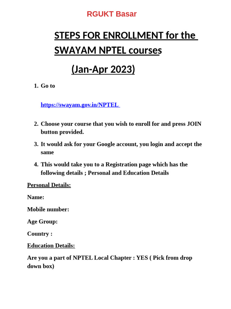 Steps For Enrollment Nptel 2023 Jan Apr | PDF