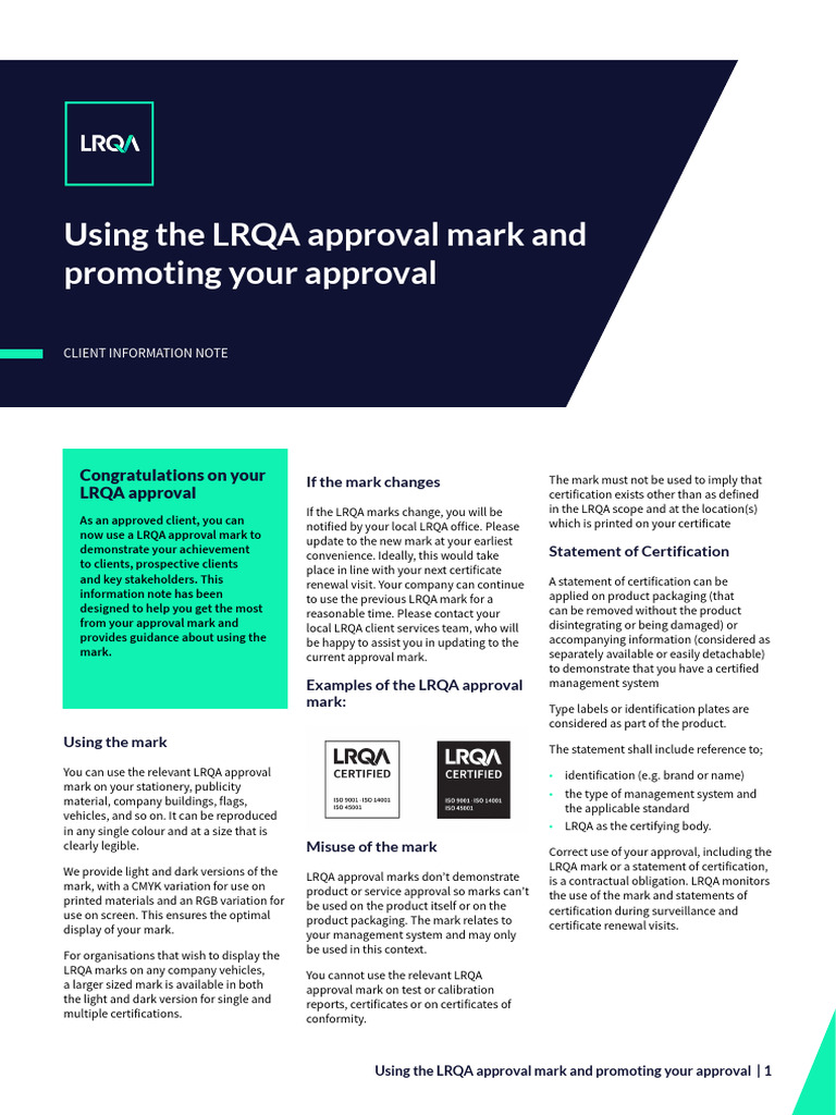 Using The LRQA Approval Mark and Promoting Your Approval | PDF
