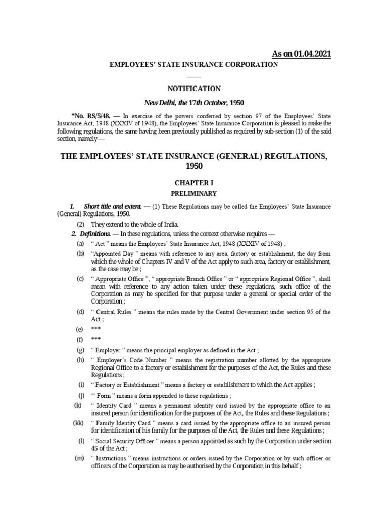 Esi Regulations | PDF | Employment | Identity Document
