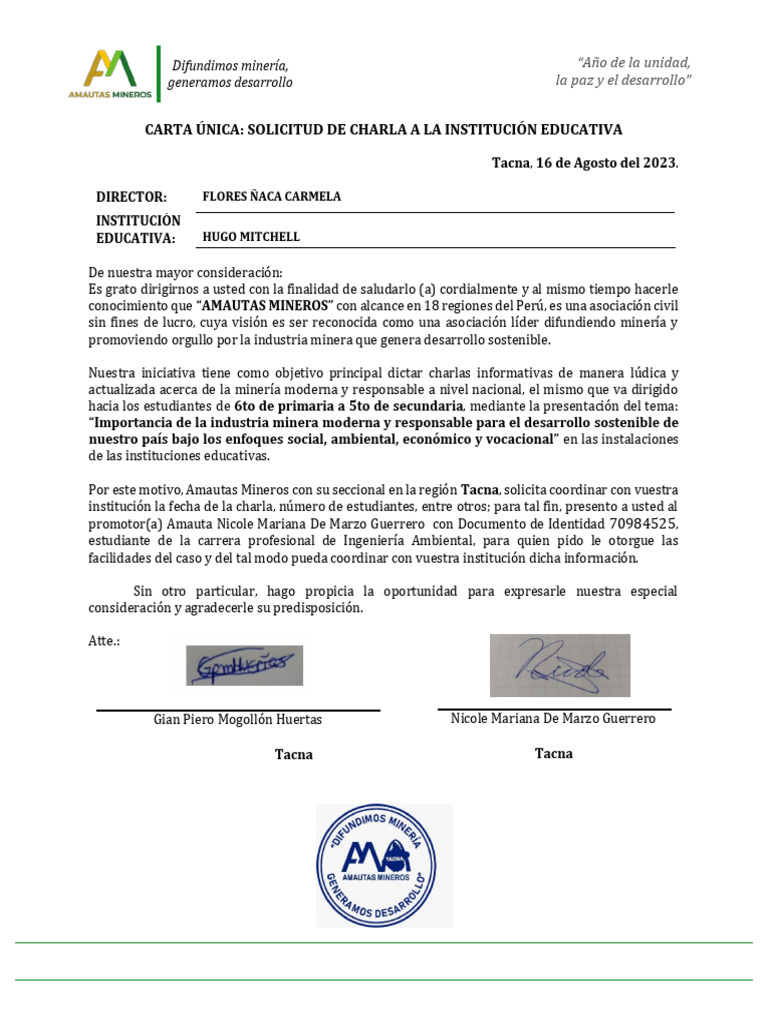 Solicitud de Charla - Colegio Hugo Mitchell | PDF