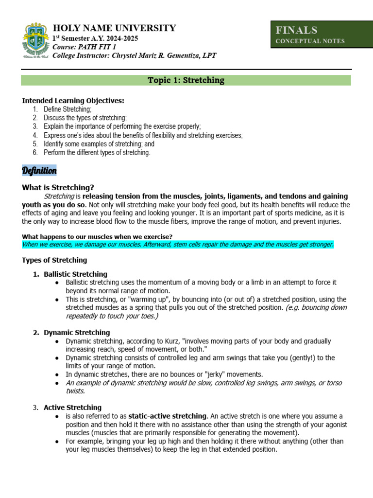 (PATH FIT 1-FINALS) Topic 1 - Stretching | PDF | Flexibility (Anatomy ...