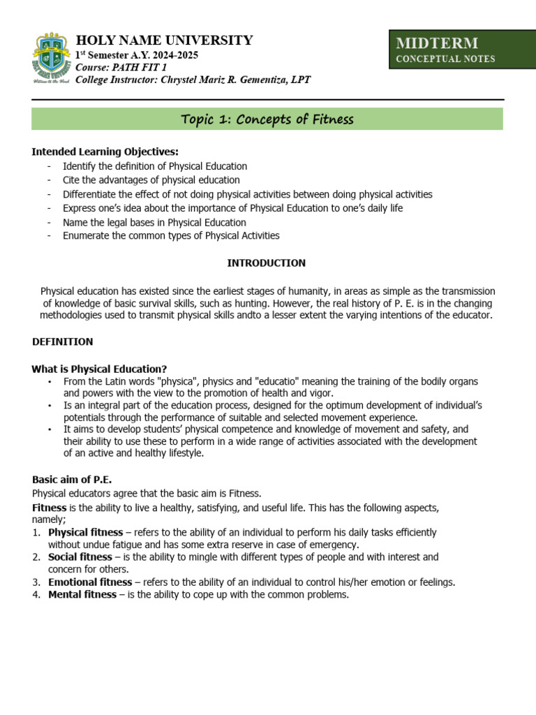 (Path Fit 1) Topic 1 - Concepts of Fitness | PDF | Physical Fitness | Physical Education