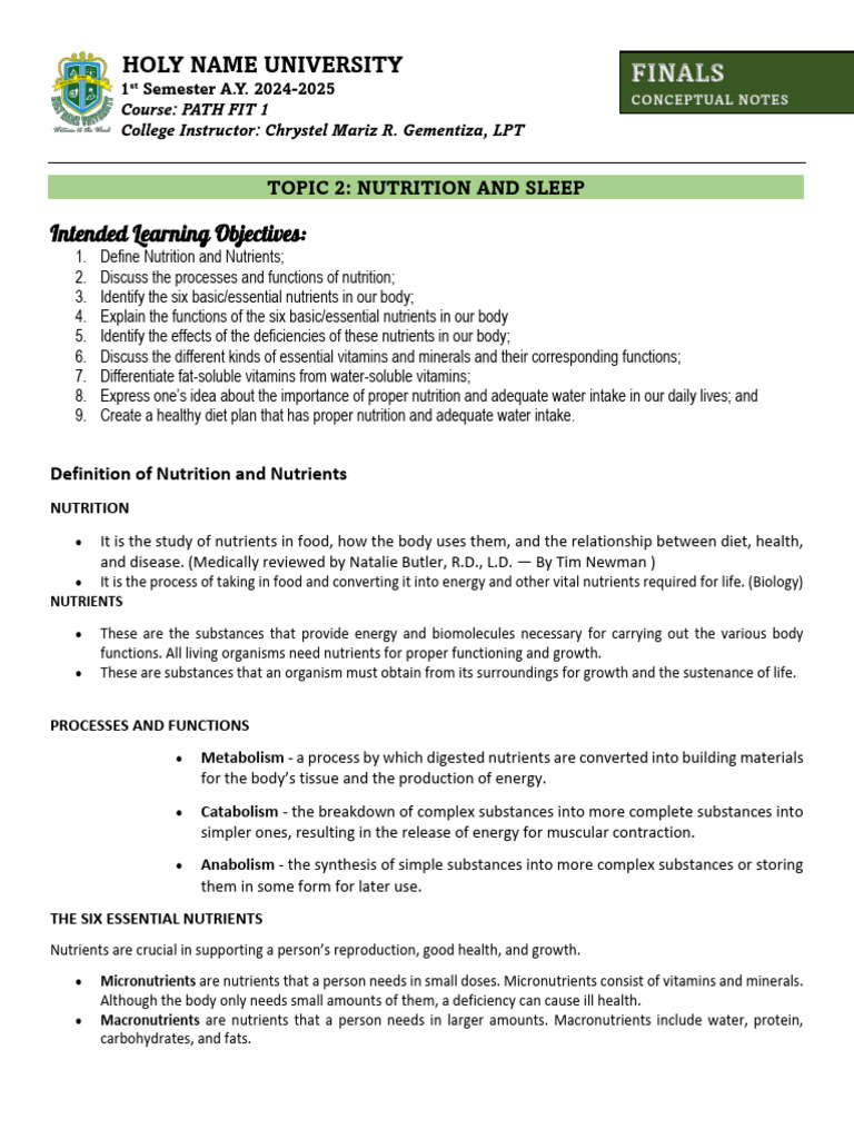(PATH FIT 1-FINALS) Topic 2 - Nutrition and Sleep | PDF | Sleep | Rapid Eye Movement Sleep