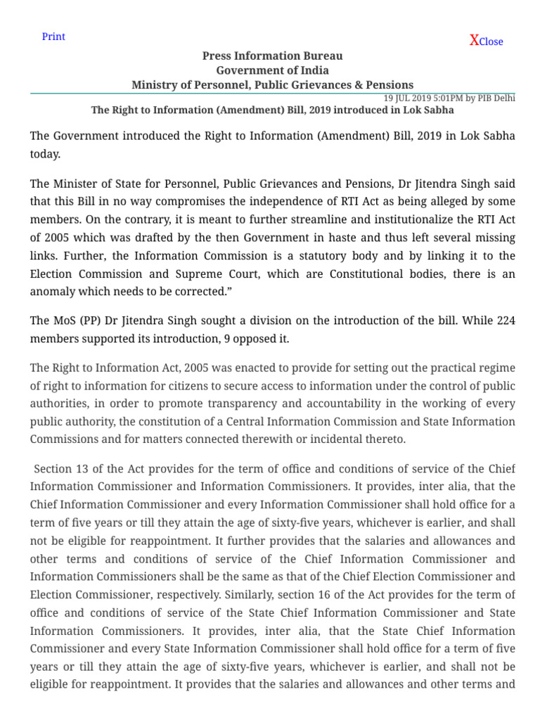 The Right to Information (Amendment) Bill, 2019 introduced in Lok Sabha ...