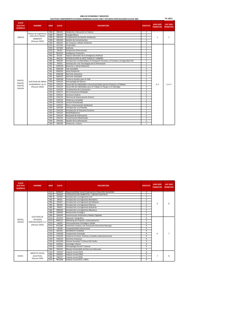 Electivas Claves 100-200 Pensum EyN 2020 | PDF