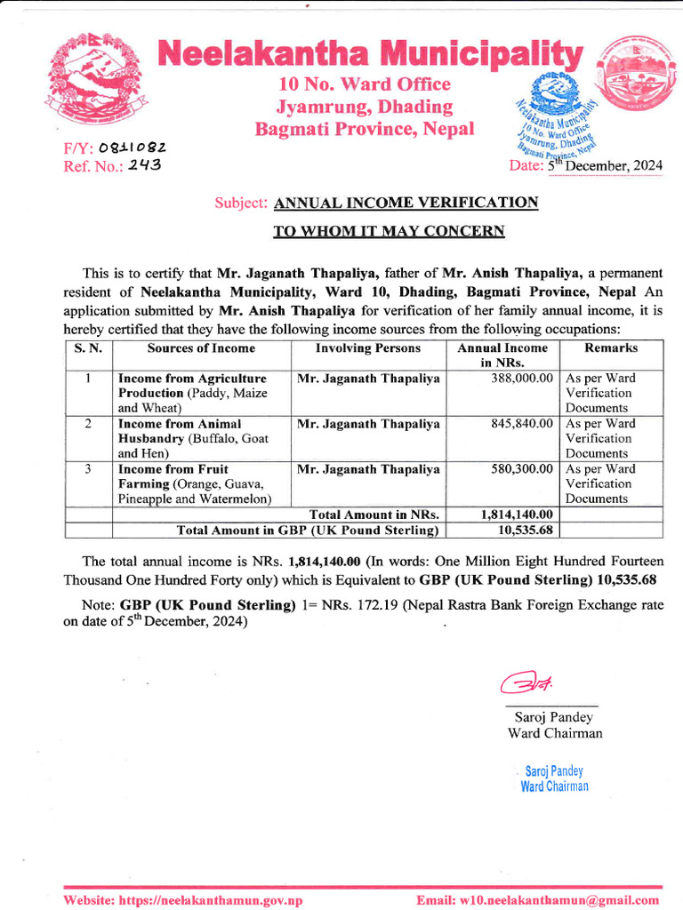 Thapaliya Family Income Certification | PDF | Agriculture