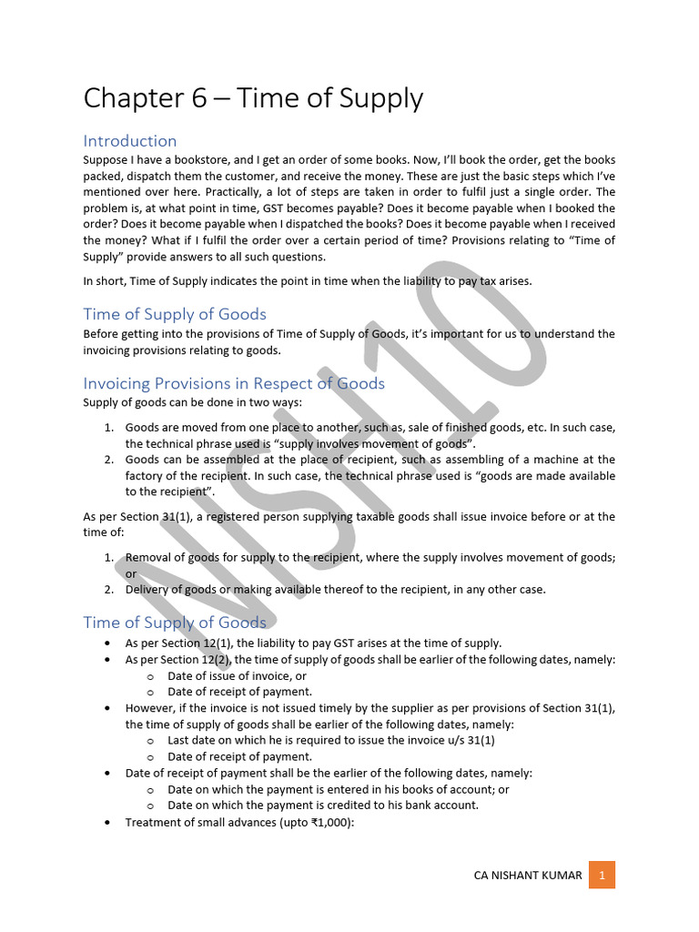 Chapter 6 - Time of Supply - Notes | PDF | Receipt | Value Added Tax