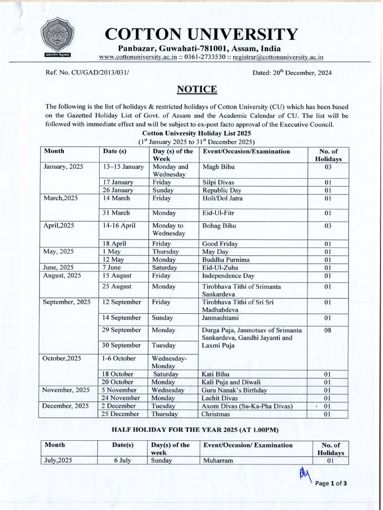 CU Holiday List 2025 | PDF | Observances | Religious Holidays