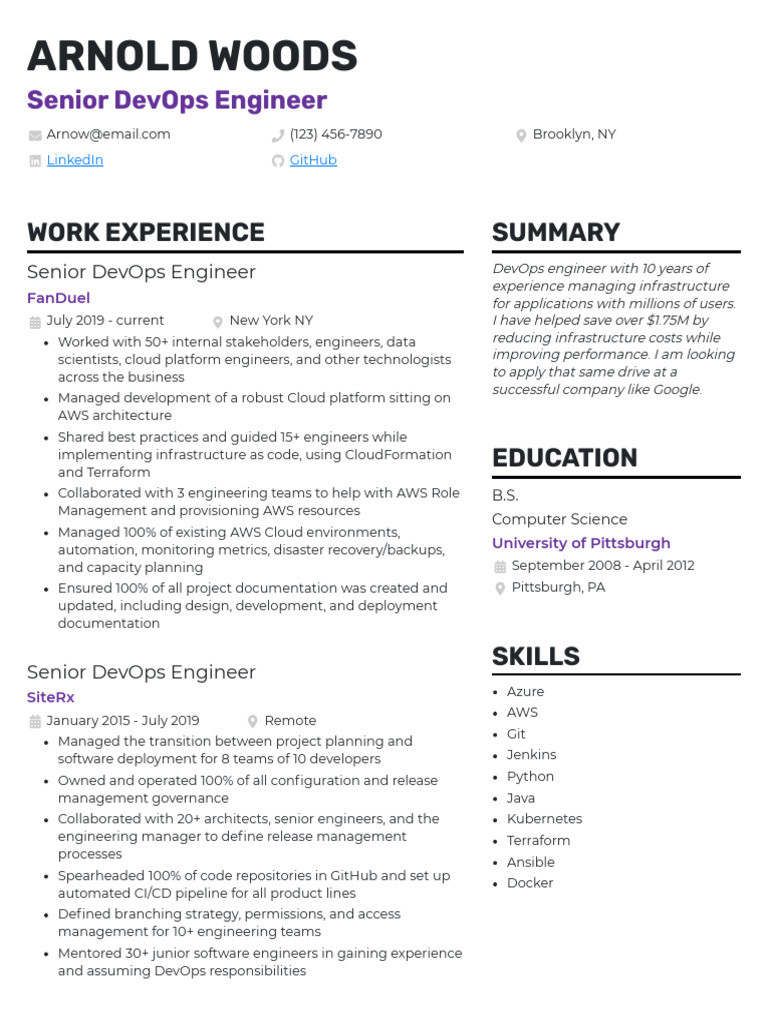 Senior Devops Engineer Resume Example | PDF | Cloud Computing | Amazon Web Services