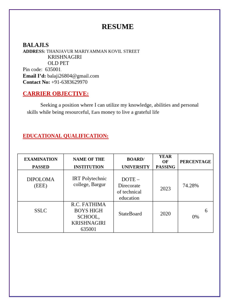 Balaji S. Resume - EEE Graduate | PDF
