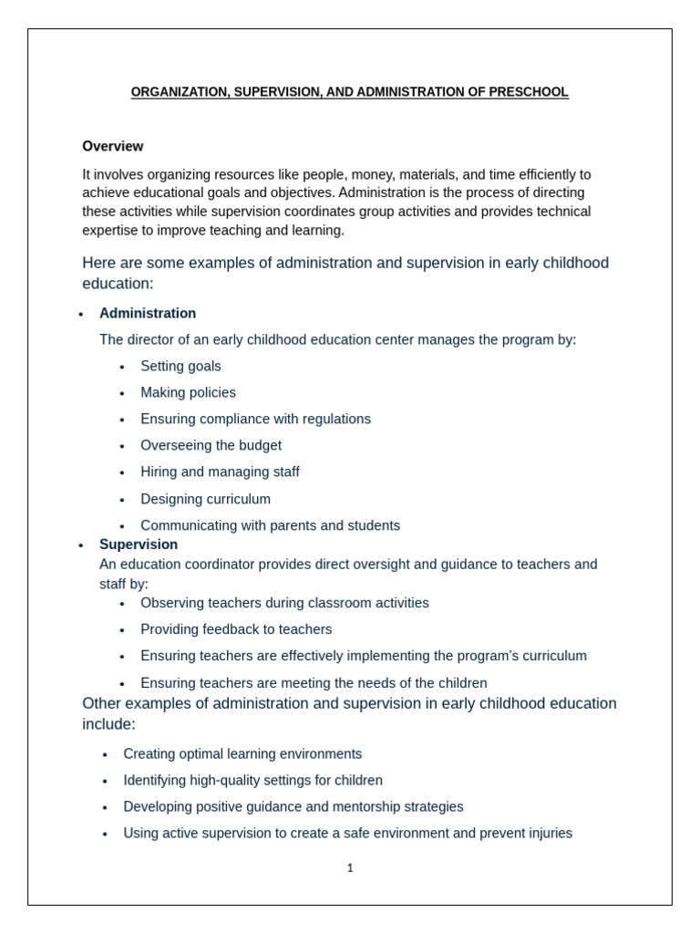 Preschool Administration and Supervision Guide | PDF | Preschool ...