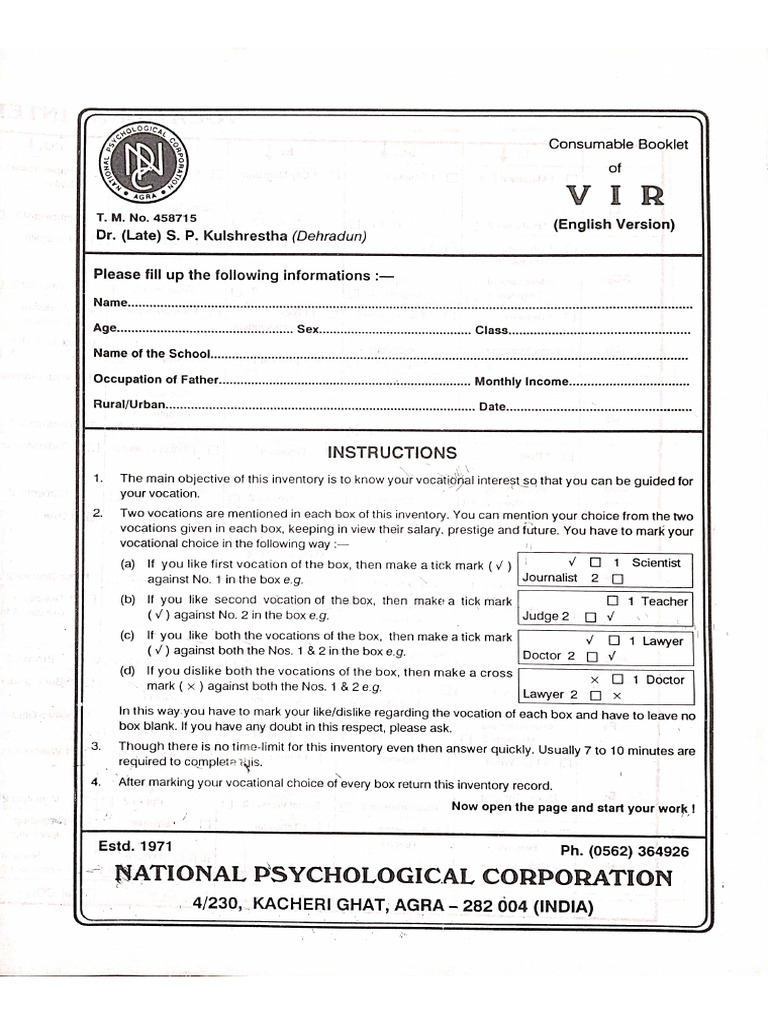 Vocational Interest Record (VIR) | PDF