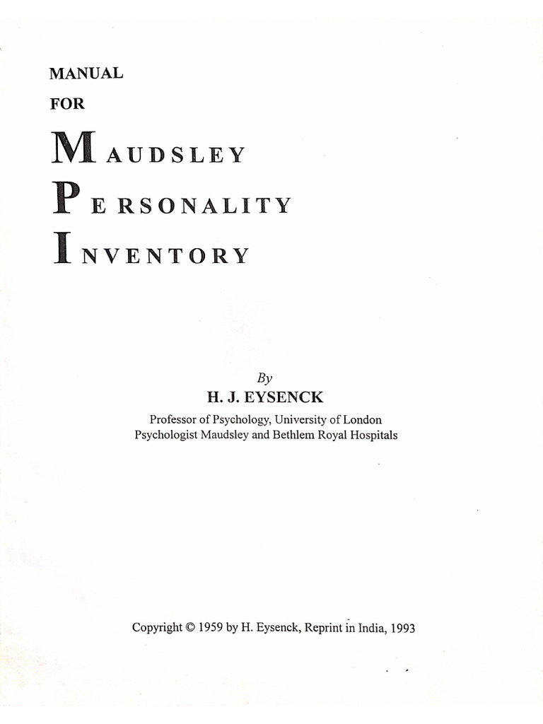 H.J.Eysenck's MPI (Maudsley Personality Inventory) | PDF