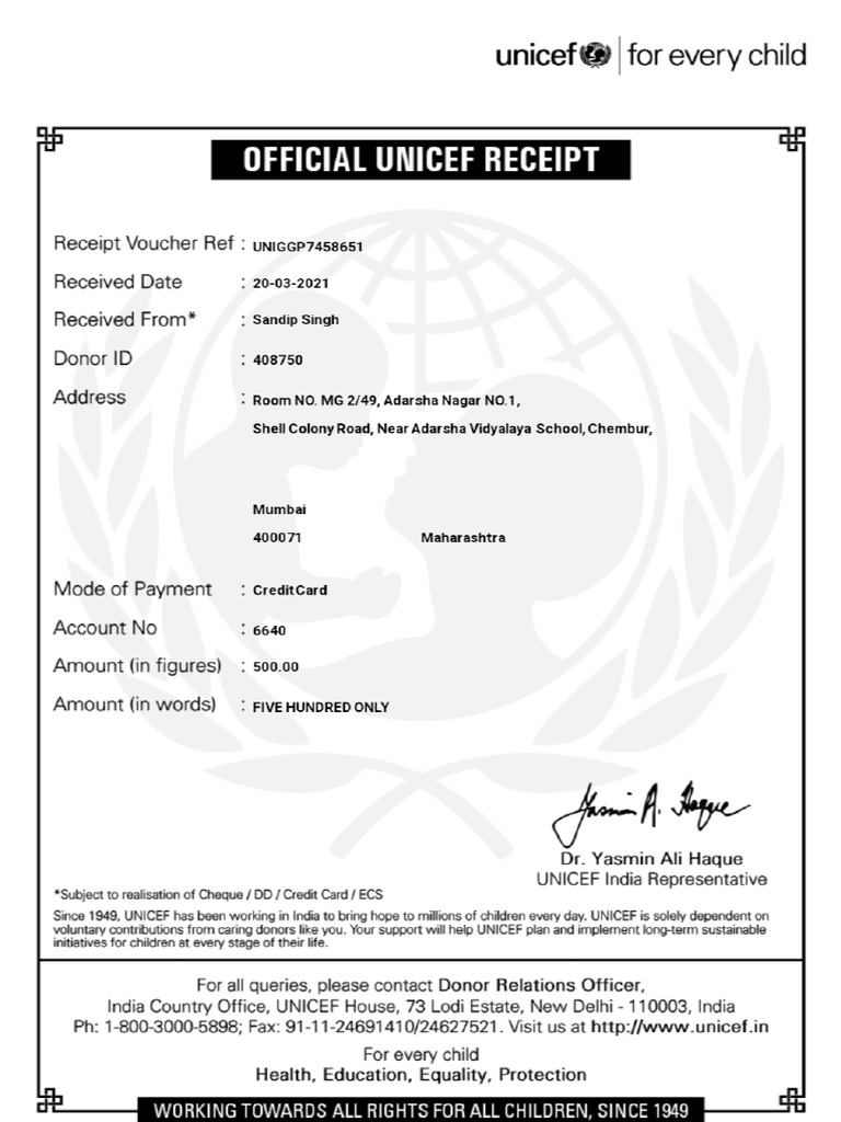 Official UNICEF Receipt | PDF