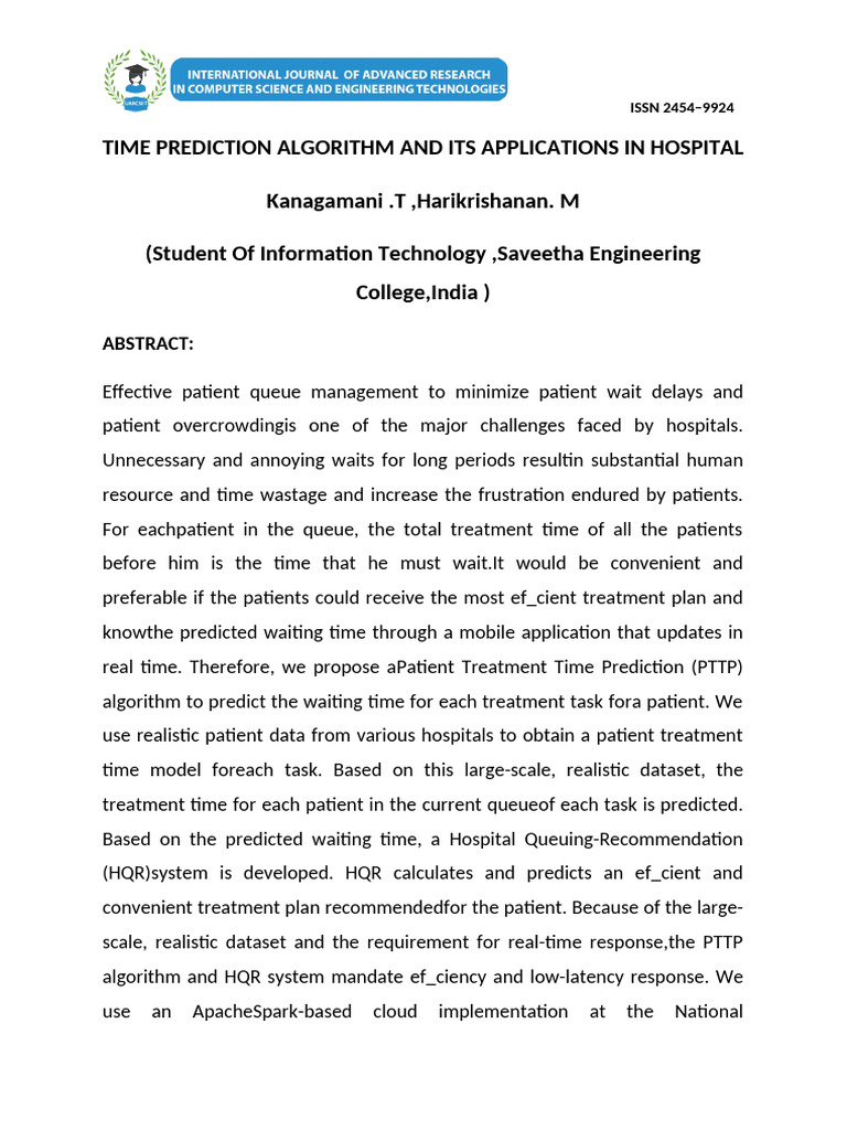 Time Prediction Algorithm and Its Applications in Hospital Queuing ...