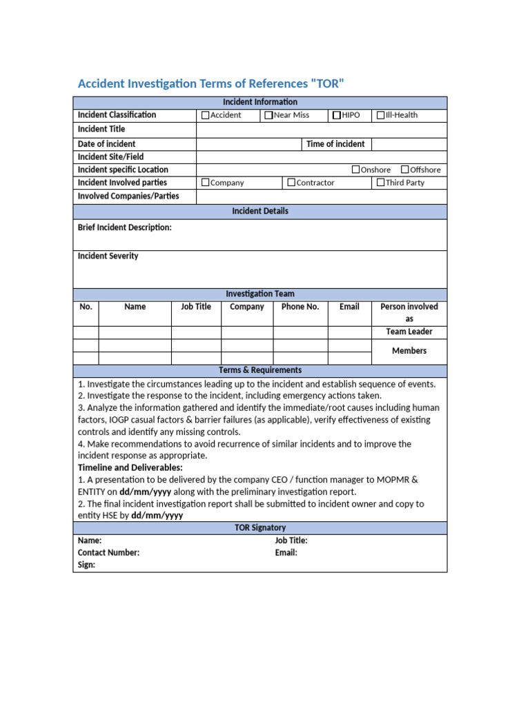 Accident Investigation Terms of Reference | PDF