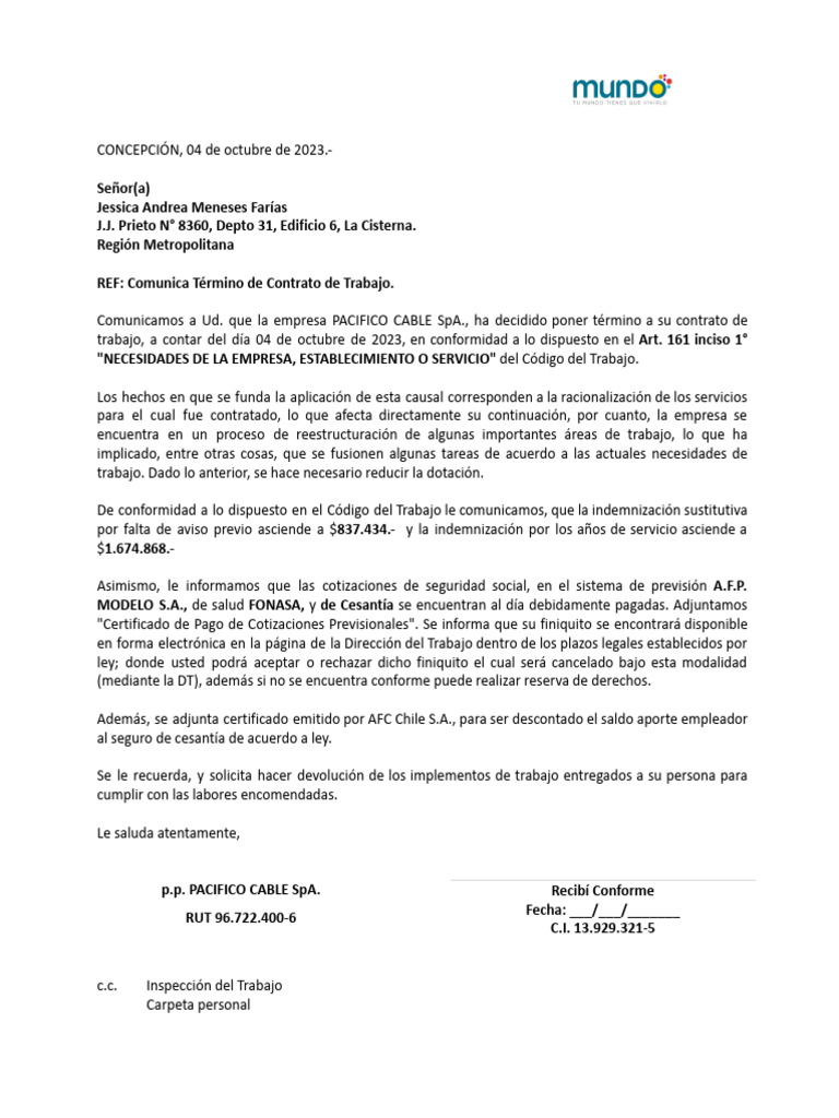 Término de Contrato de Jessica Meneses | PDF