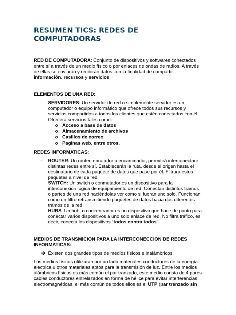 Resumen Tics - Redes de Computadoras | PDF | Red de computadoras | Protocolos de internet
