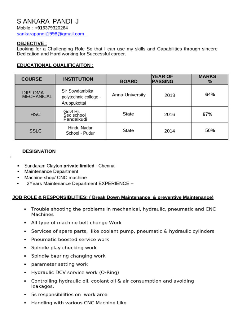 Sankara Pandi New RESUME1 ORG..-1 | PDF | Engineering | Mechanical Engineering