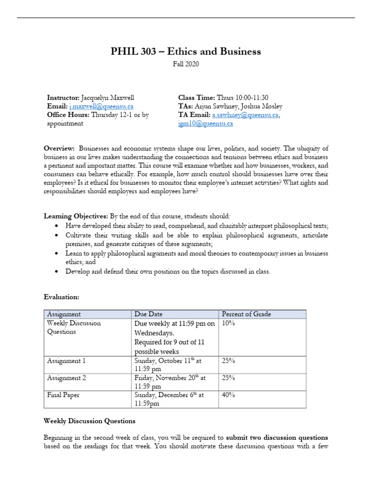 Ethics in Business: PHIL 303 Syllabus | PDF | Academic Integrity ...