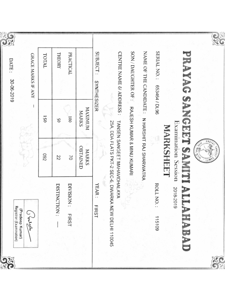 Keyboard 1st Year Marksheet | PDF