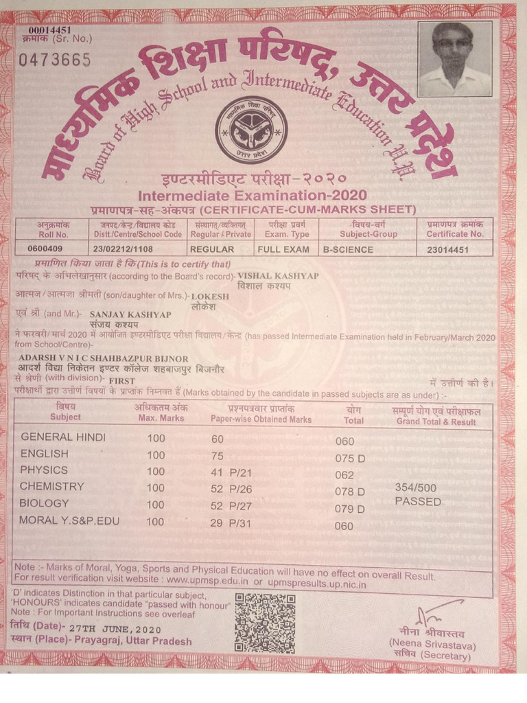 Intermediate Marksheet - Vishal | PDF