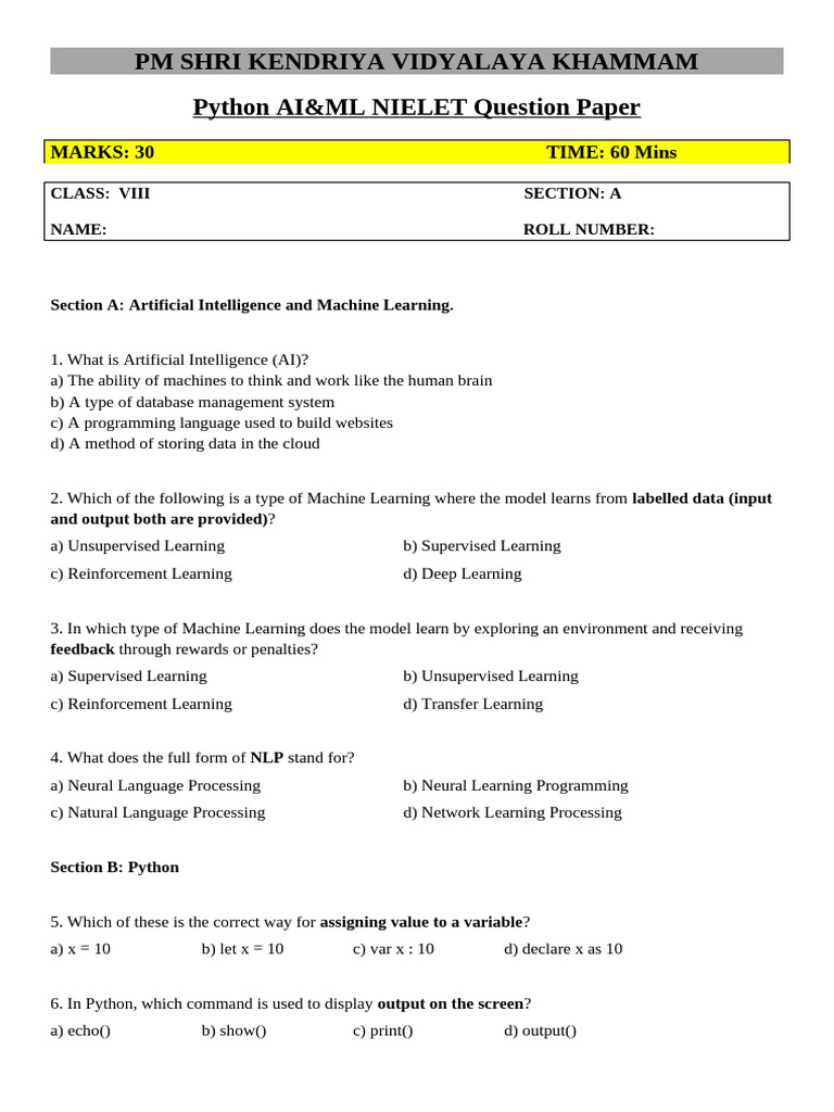 Sec A Question Paper | PDF | Data Type | Machine Learning