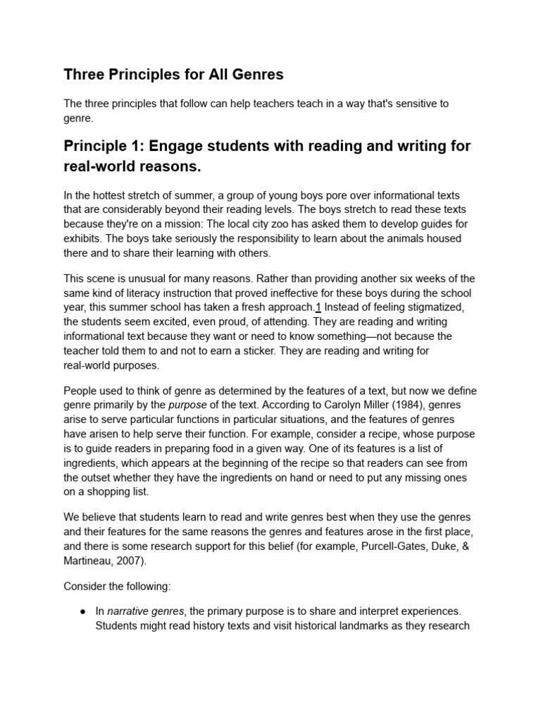 Three Principles for All Genres | PDF | Literacy | Genre Three Principles for All Genres | PDF | Literacy | Genre
