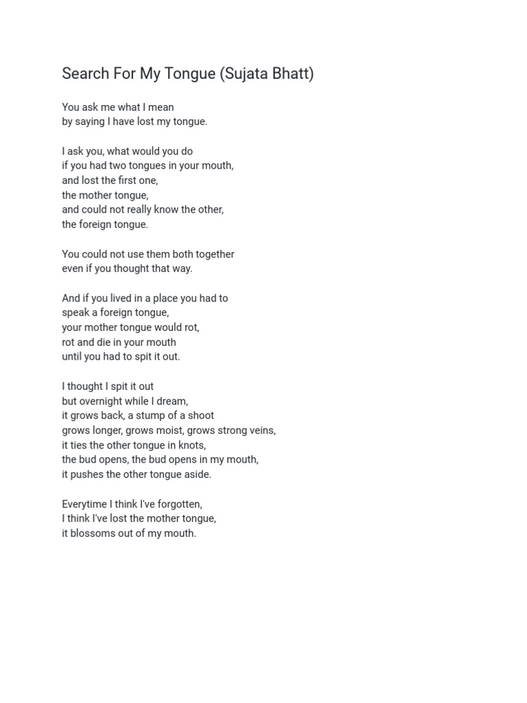 Search For My Tongue (Sujata Bhatt) | PDF