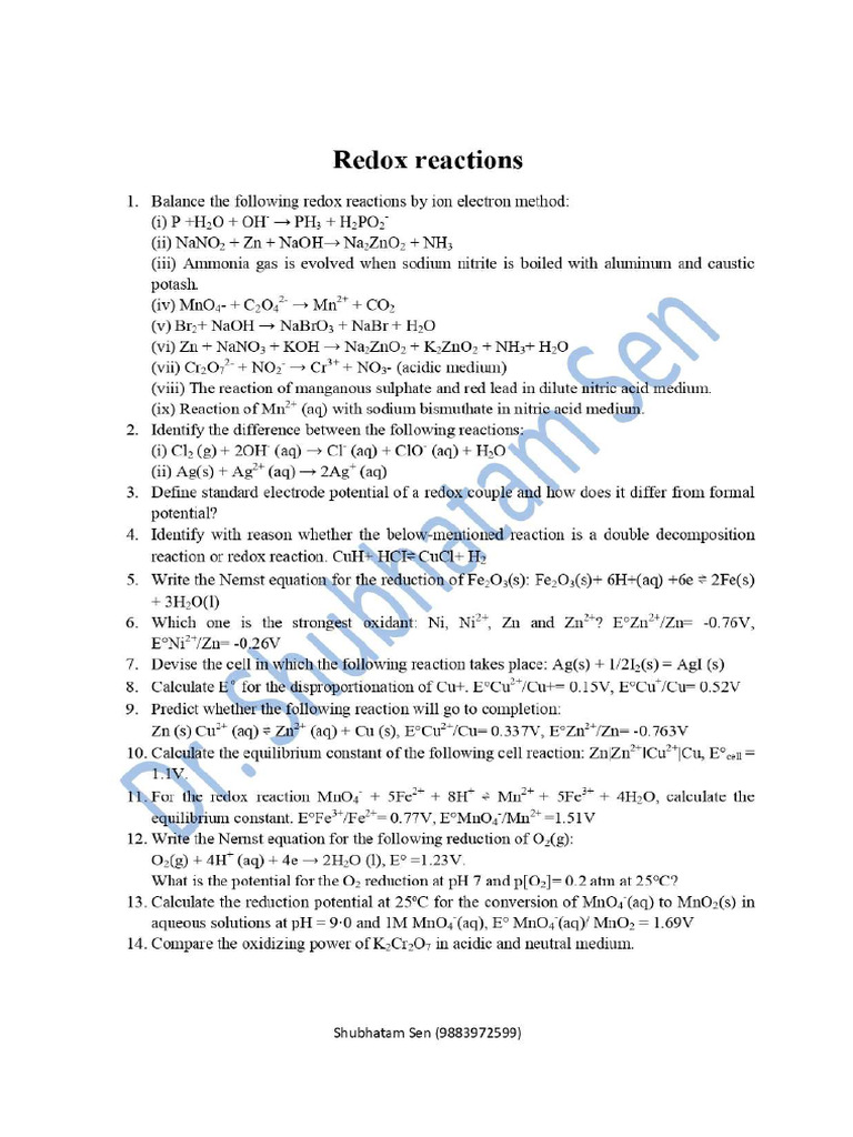 Redox Questions SS | PDF