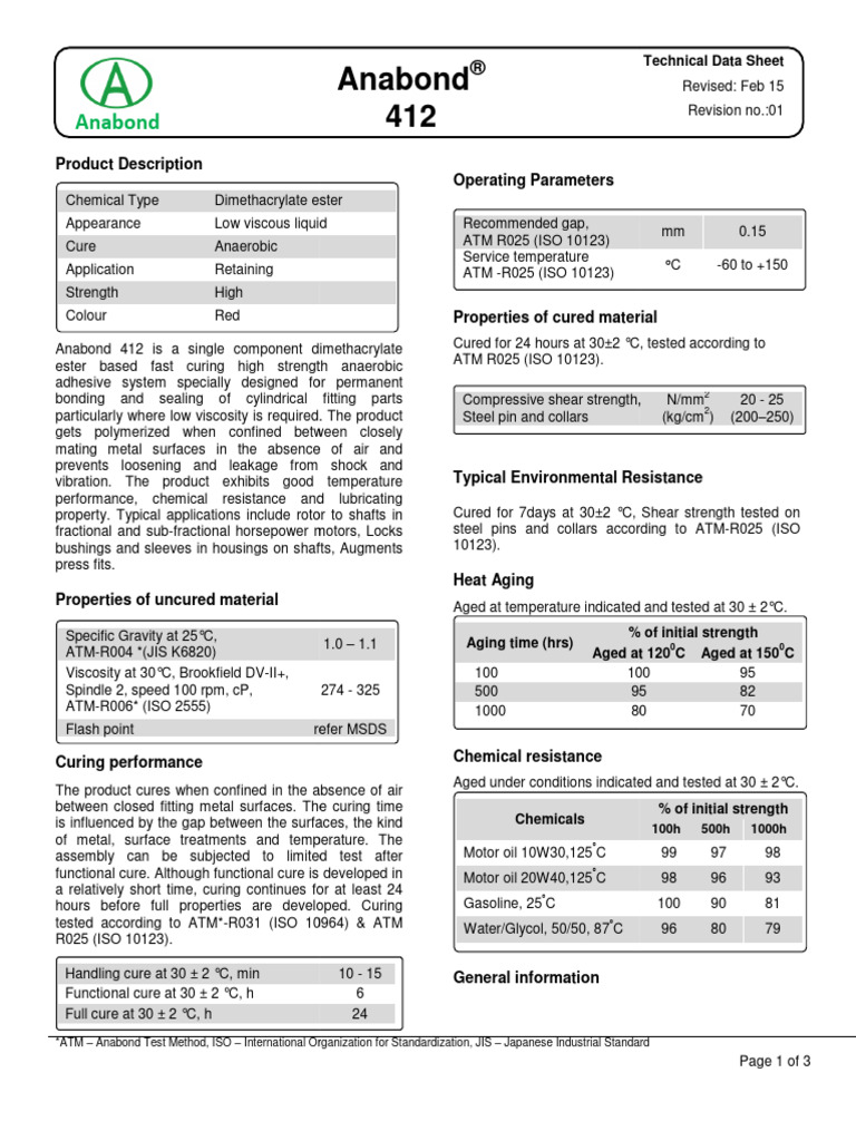 Anabond 412 Bearing Retainer | PDF | Adhesive | Viscosity
