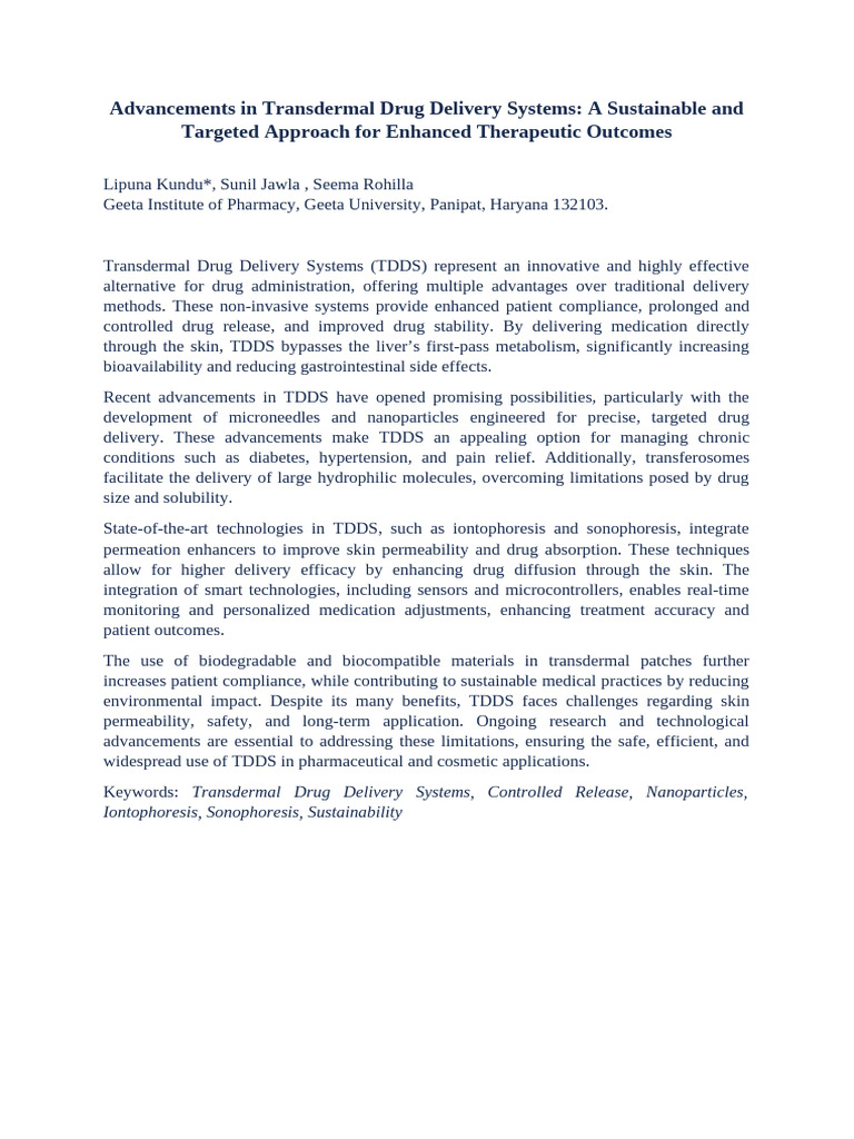 Transdermal Drug Delivery Advances | PDF